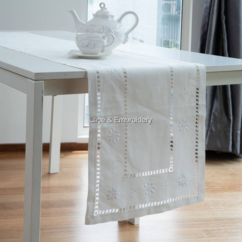 Lace & Embroidery Hand Hemstitched and Embroidered Floral Linen Table ...