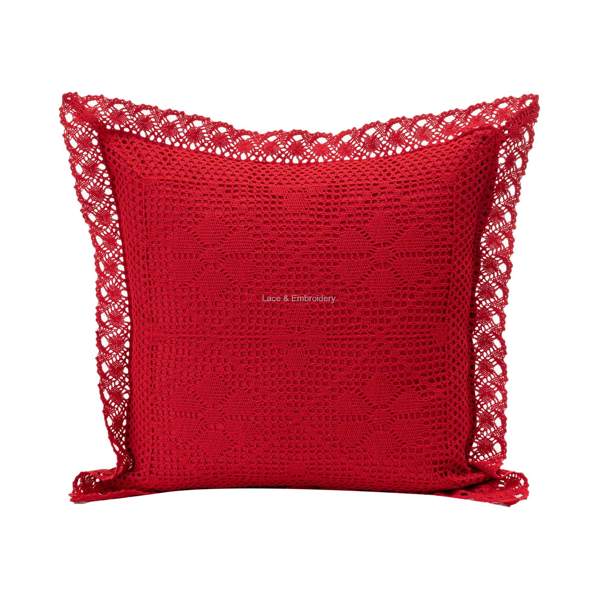 Nostalgic Red Crochet Lace Square Cushion Cover/Throw Pillow. Easy Care ...