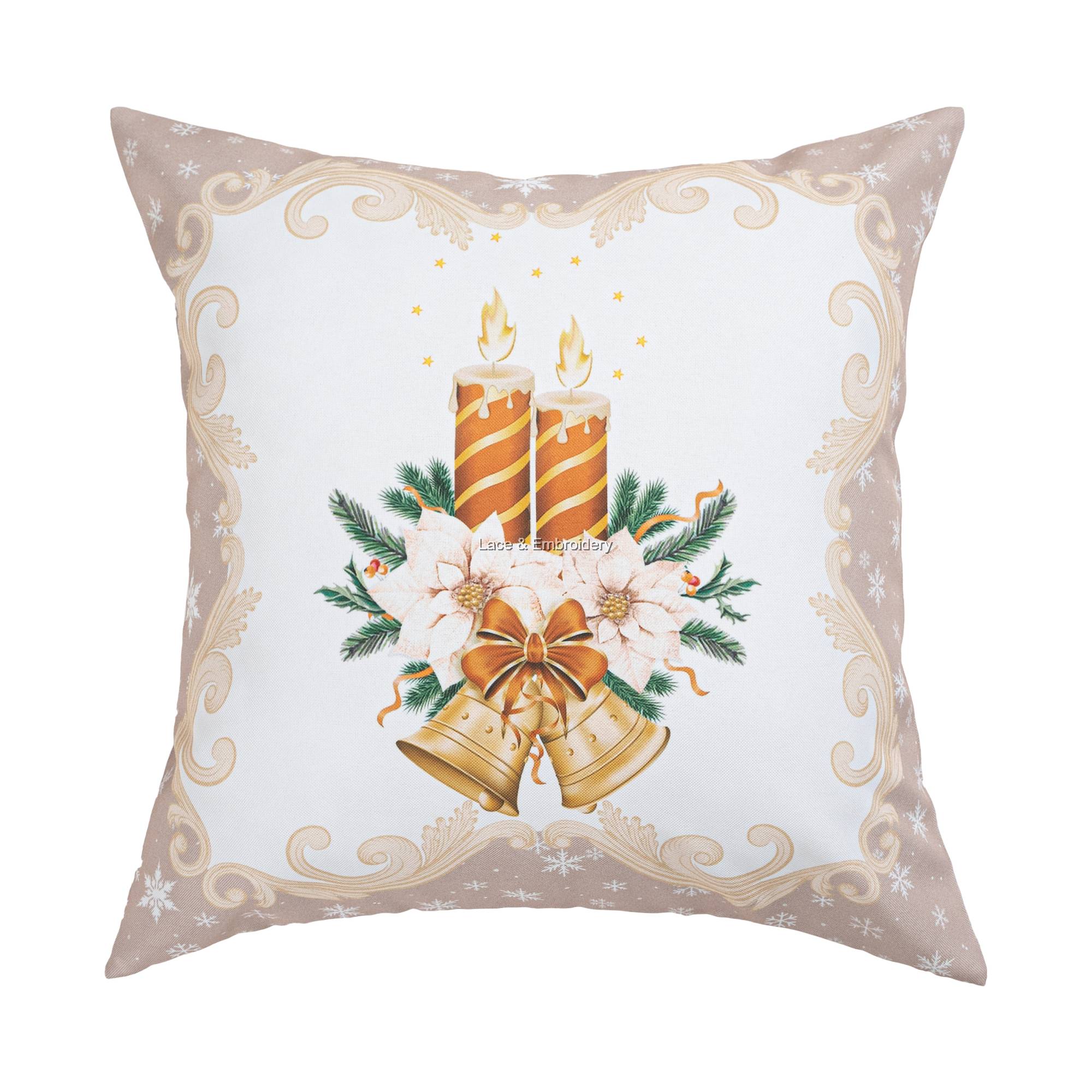 Cottage Yarn Candle & Bell Polyester Printed Cushion Cover/Throw Pillow ...